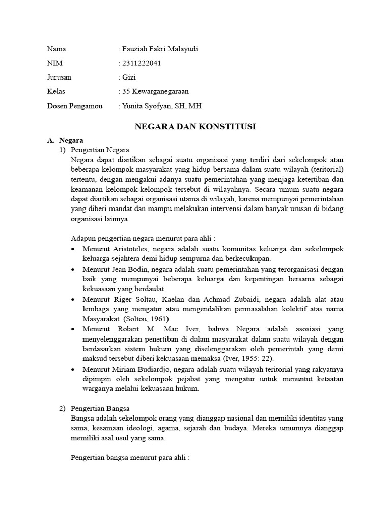 Fauziah Fakri MalayudiÂ - 2311222041 - Kelas 35 KWN - Resume Negara Dan Konstitusi | PDF