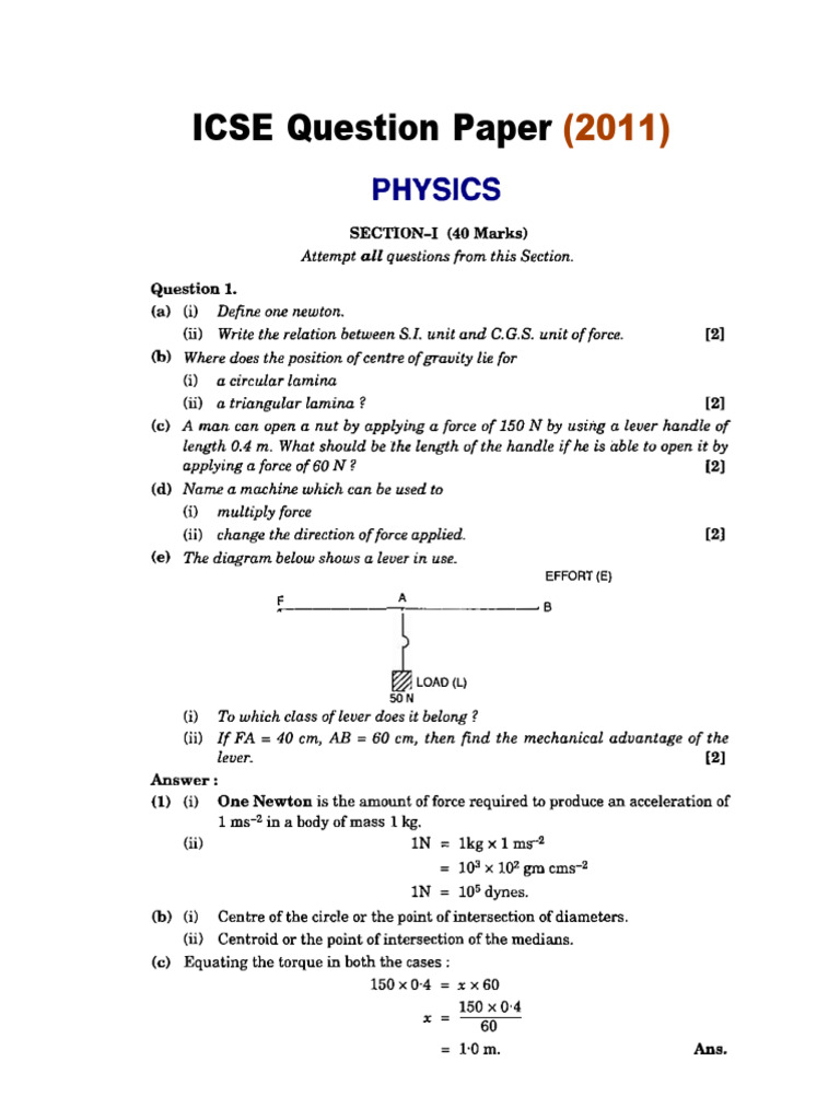 Icse Question Paper Solved Phy 2011 | PDF