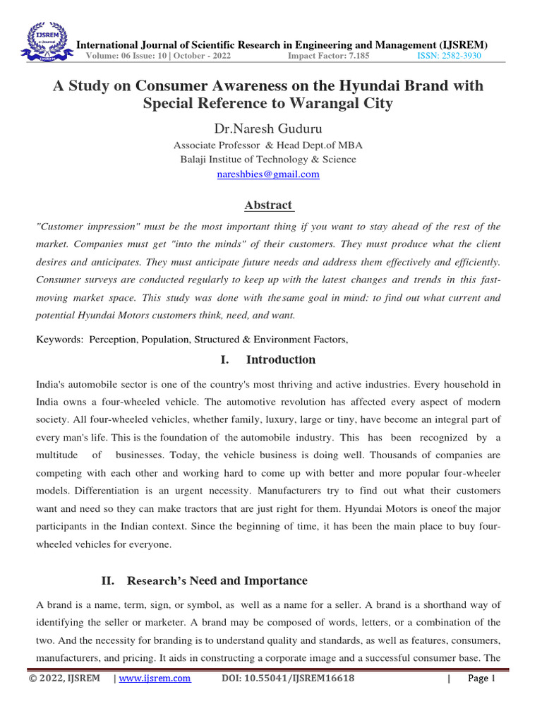 A Study On Consumer Awareness On The Hyu | PDF | Brand | Advertising