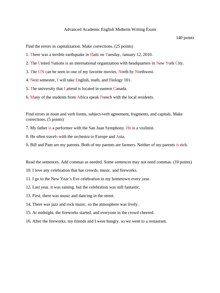 Advanced Academic English Writing Midterm Exam Answer Key | PDF