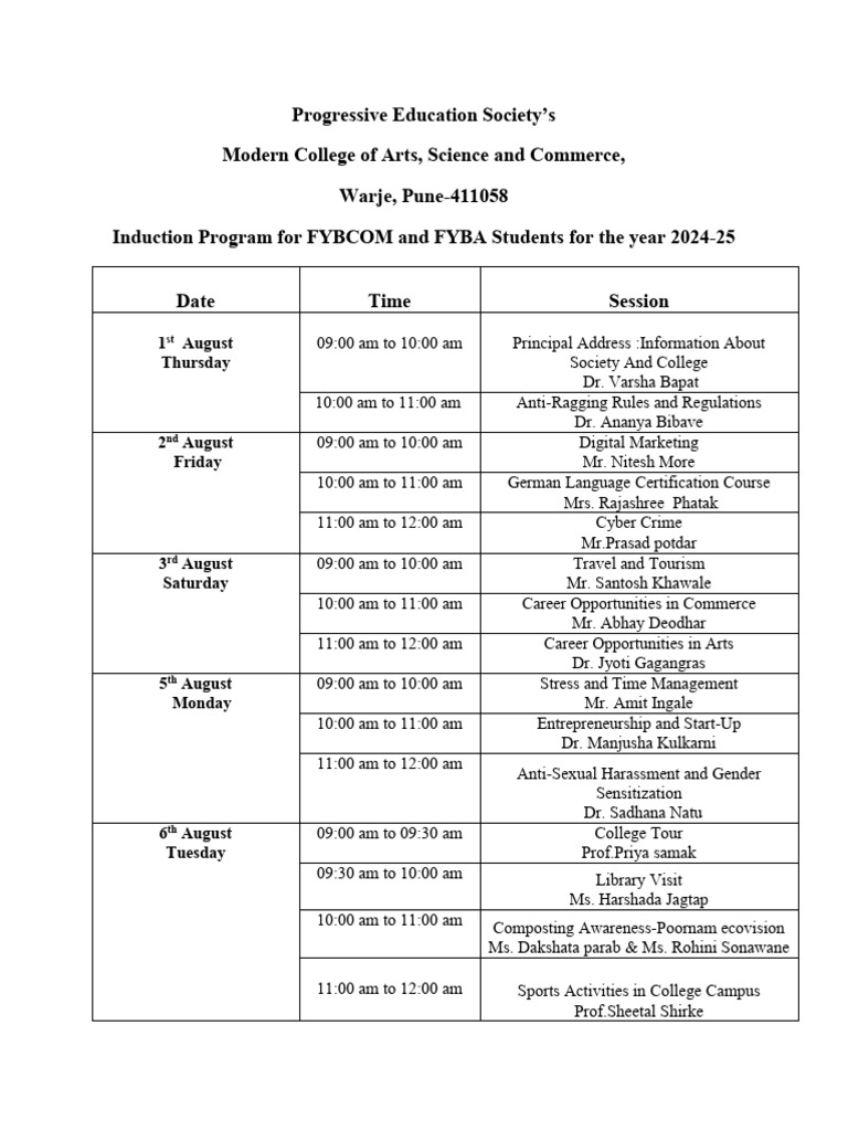 Induction Program Schedule 2024-25 | PDF