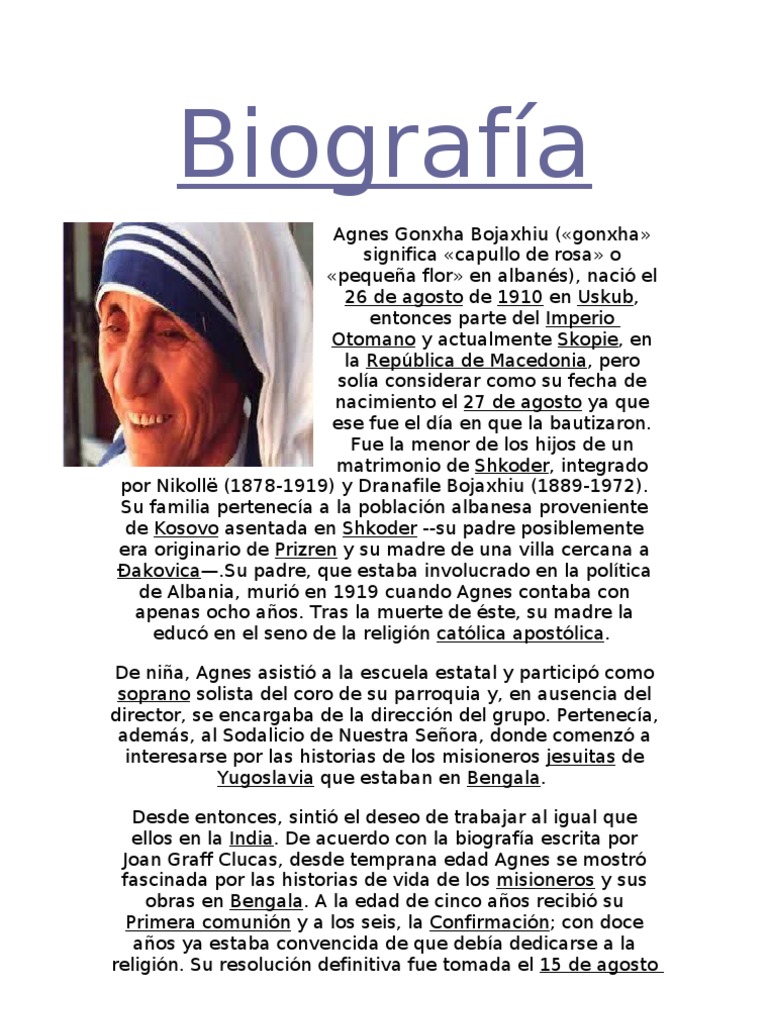 Biografía Santa Teresa de Calcuta.......... | PDF | Madre Teresa | Amor