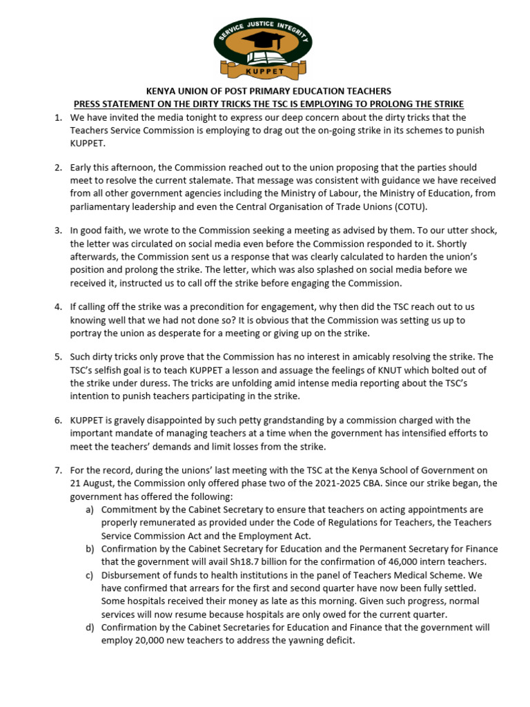 Press Statement On Strike - 29TH August 2024 | PDF
