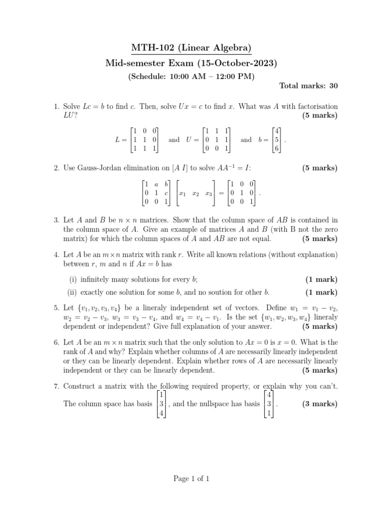 MTH 102 Mid Sem Oct 2023 | PDF