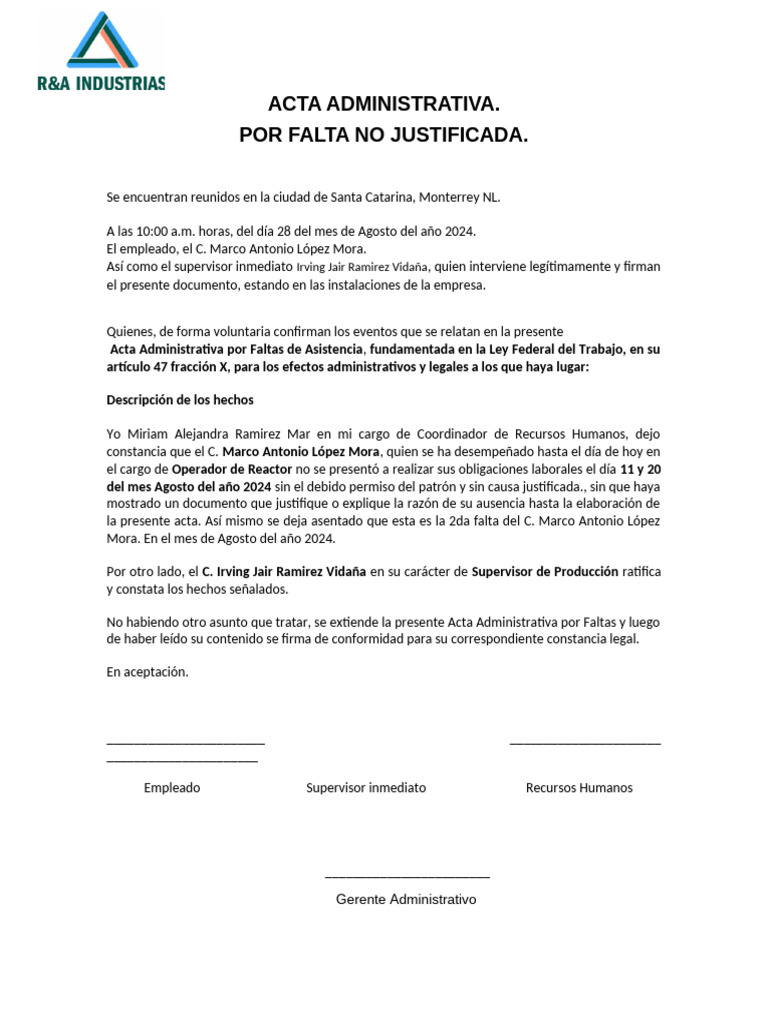 Acta Administrativa Faltas Injustificadas | PDF