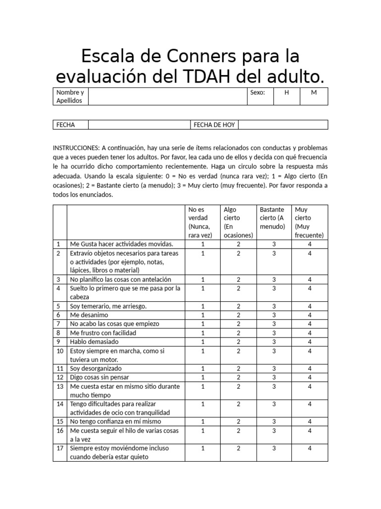 Escala de Conners para La Evaluación Del TDAH Del Adulto | PDF