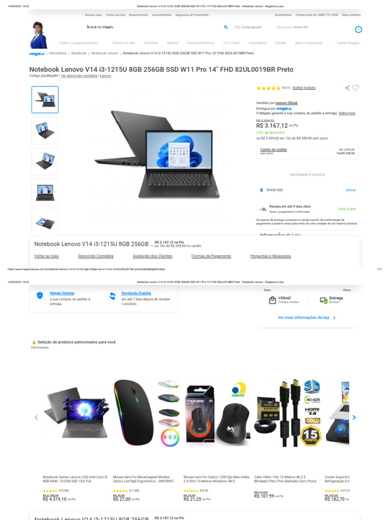 Notebook Lenovo V14 I3-1215u 8GB 256GB SSD W11 Pro 14 - FHD 82UL0019BR ...