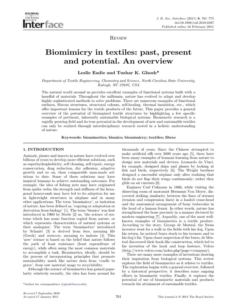 Eadie Et Al 2011 Biomimicry in Textiles Past Present and Potential An ...