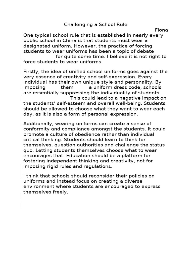 Fiona - Challenging A School Rule Final Draft | PDF