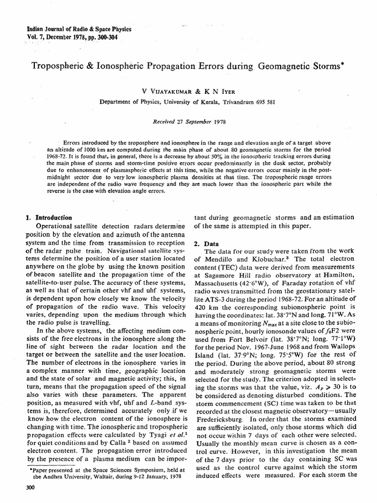 IJRSP. Vijayakumar, V. Tropospheric and Ionospheric Propagation Errors During Geomagnetic Storms ...