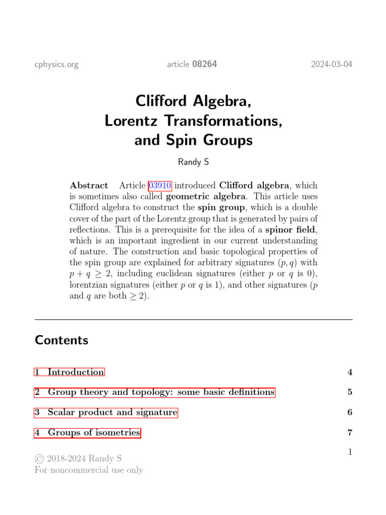 Clifford Algebra, Lorentz Transformations, and Spin Groups: Article ...