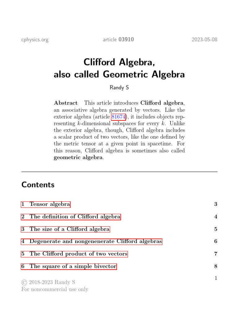 Clifford Algebra, Also Called Geometric Algebra: Article 2023-05-08 | PDF