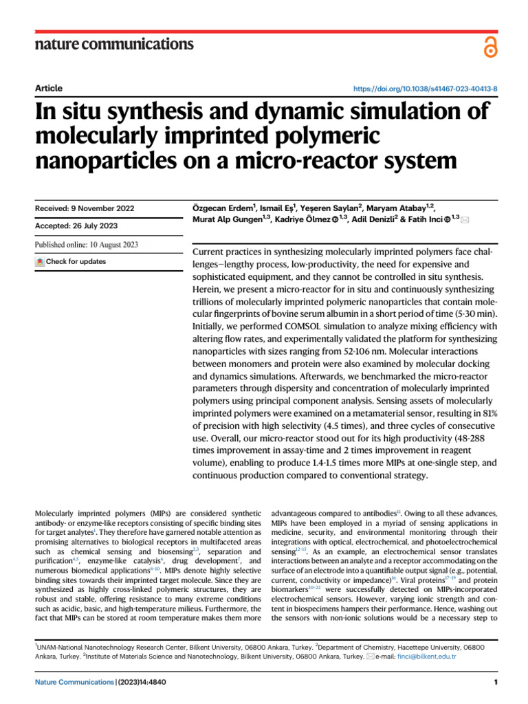 In Situ Synthesis and Dynamic Simulation of Molecularity Imprint ...