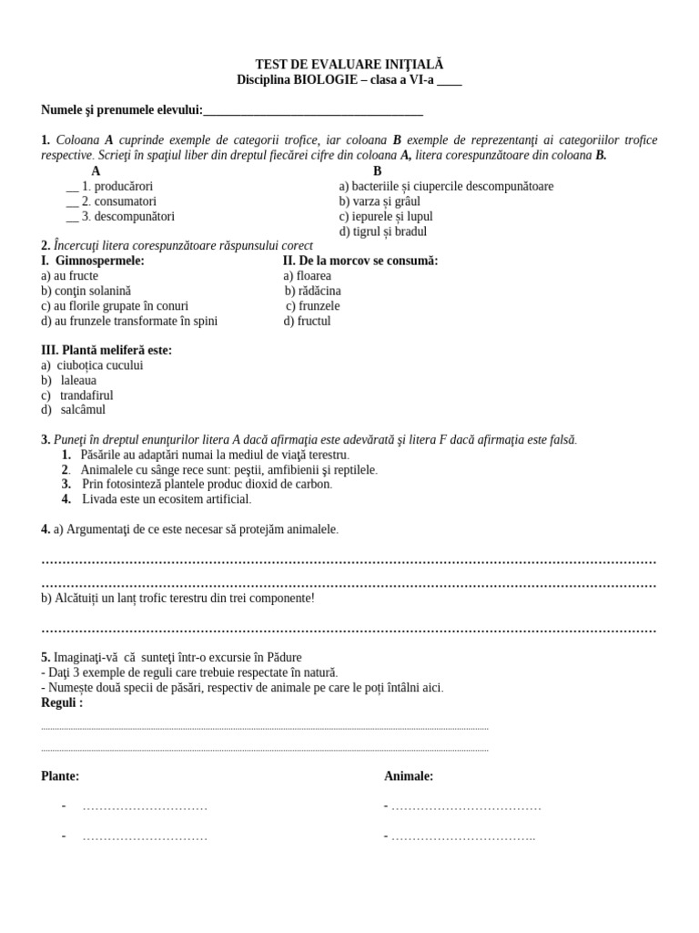 Evaluare Initiala Biologie Clasa 6 | PDF