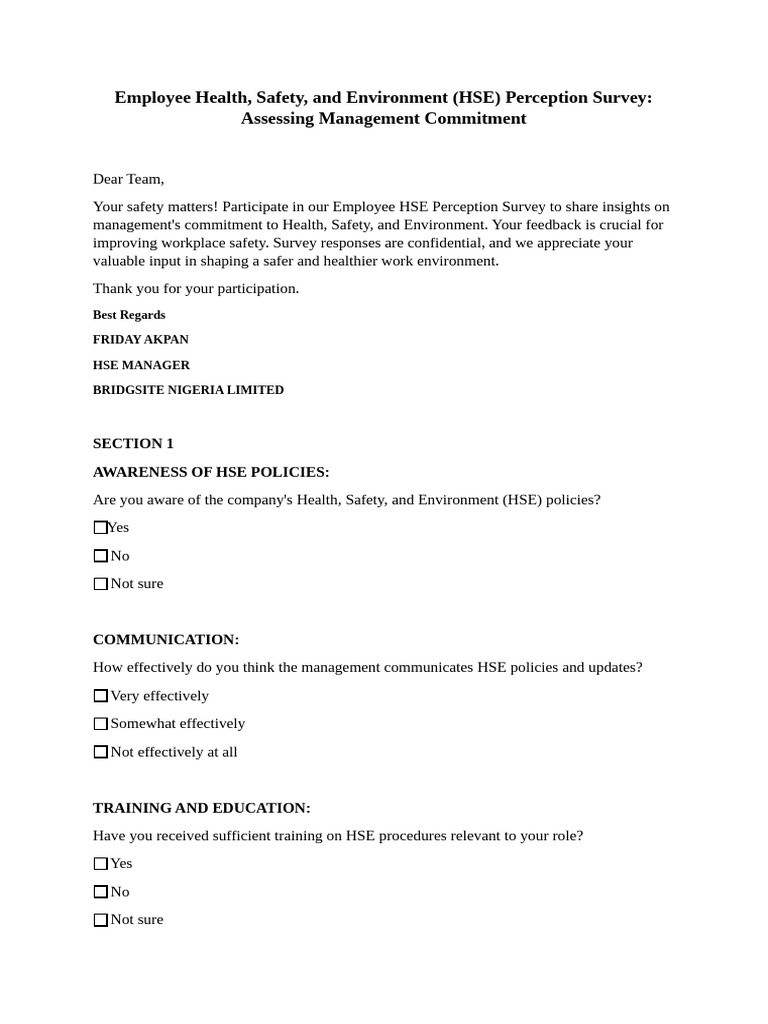 1.1 Employee HSE Perception Survey Assessing Management Commitment | PDF