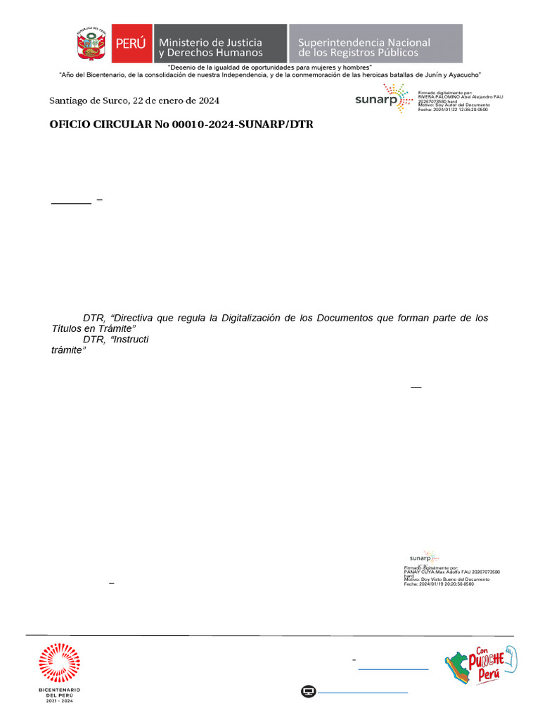OFICIO CIRCULAR No 00010-2024-SUNARP - DTR | PDF