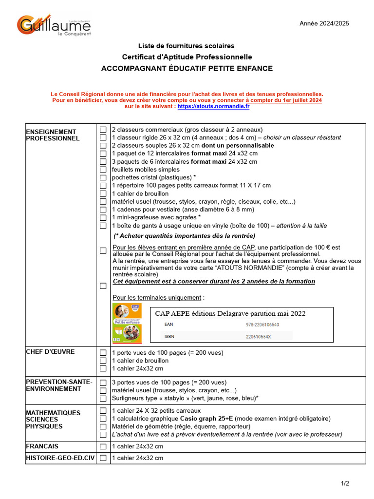 Cap Aepe - Liste de Fournitures Scolaires 2024 | PDF