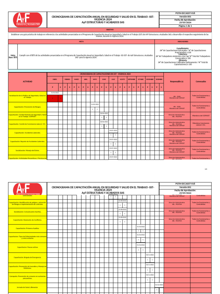 Cronograma de Capacitacion SG-SST 2024 AYF | PDF