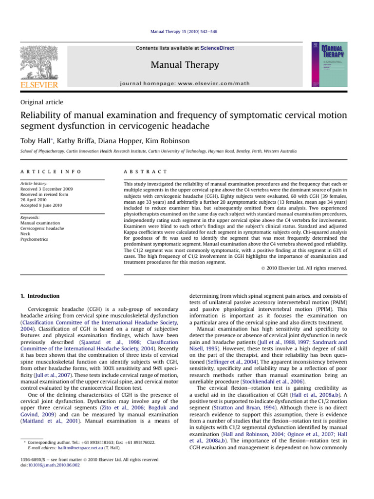 hall2010 eliability of manual examination and frequency of symptomatic ...