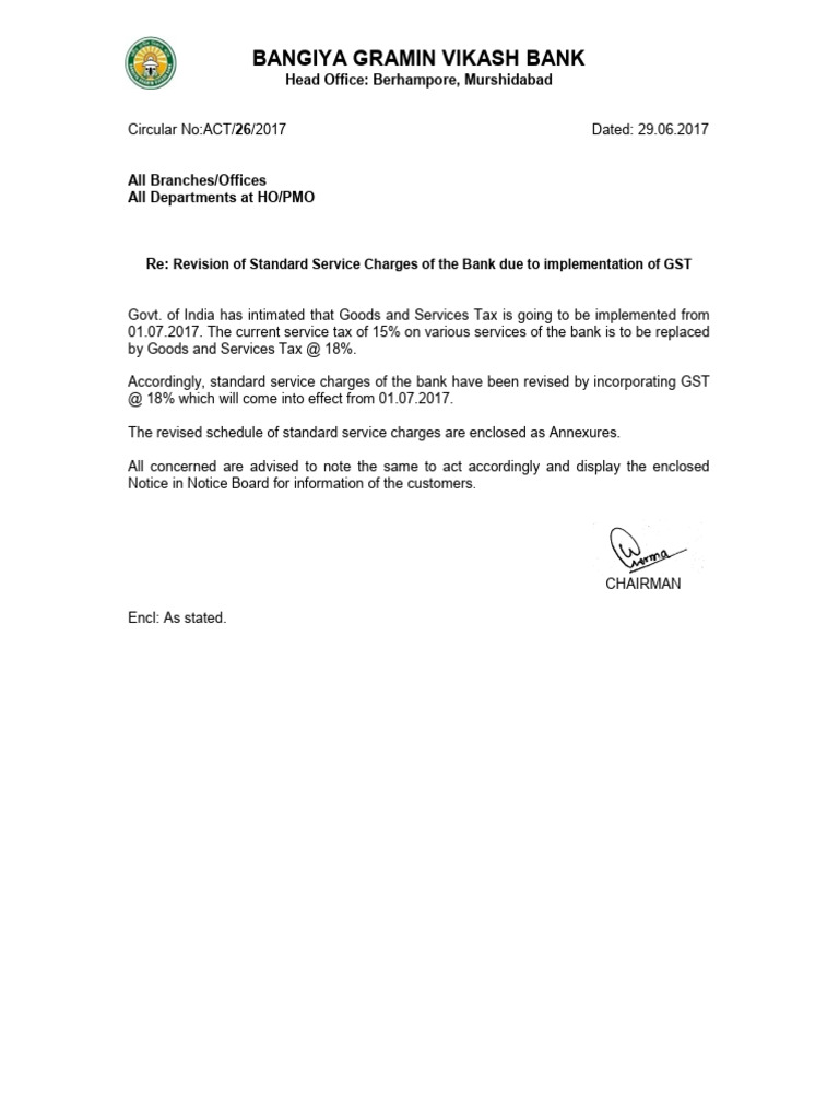 26 Revision of Standard Service Charges of The Bank Due To ...