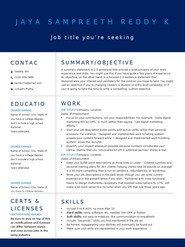 Royal Blue Word Resume Template | PDF