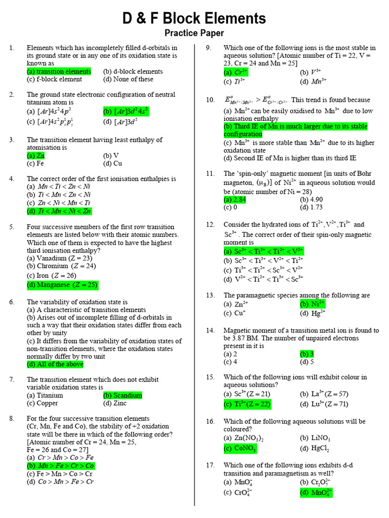 D-And F-Block Elements Practice Paper 29.08.2024 Ans Key | PDF