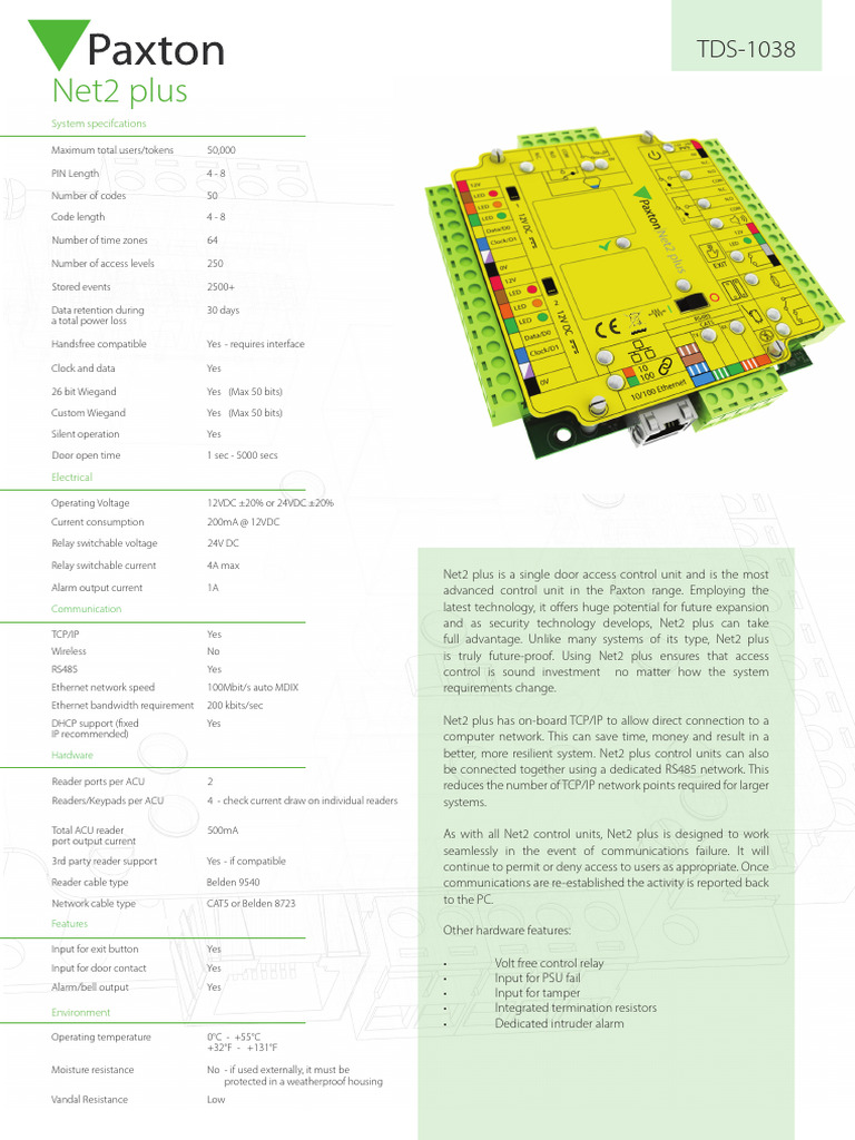 Net2 Entry Control Unit TDS 1038 | PDF | Computer Network | Power Supply