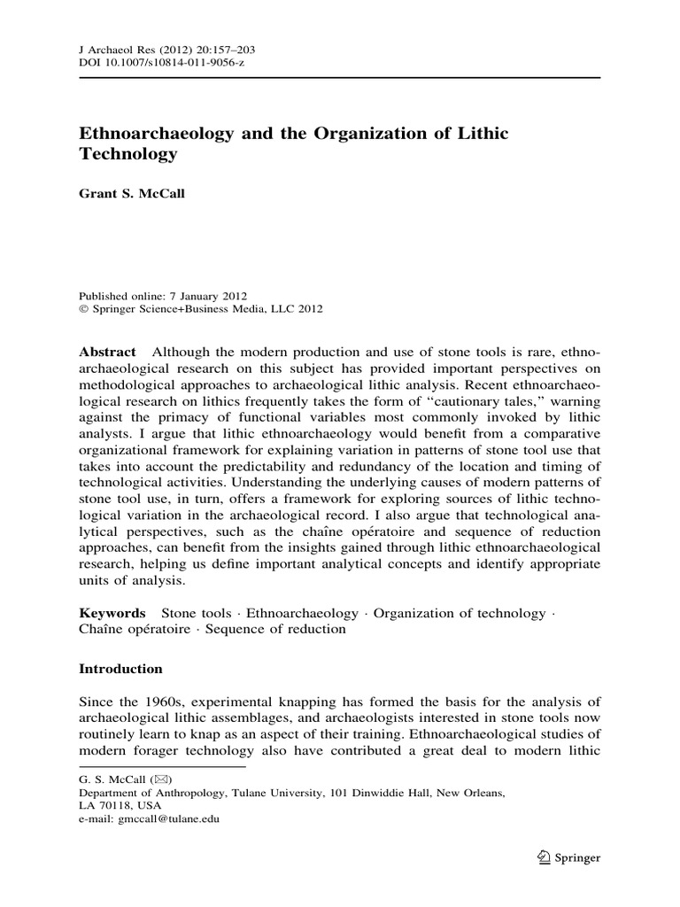 Ethnoarchaeology and The Organization of Lithic Technology: Grant S. Mccall | PDF