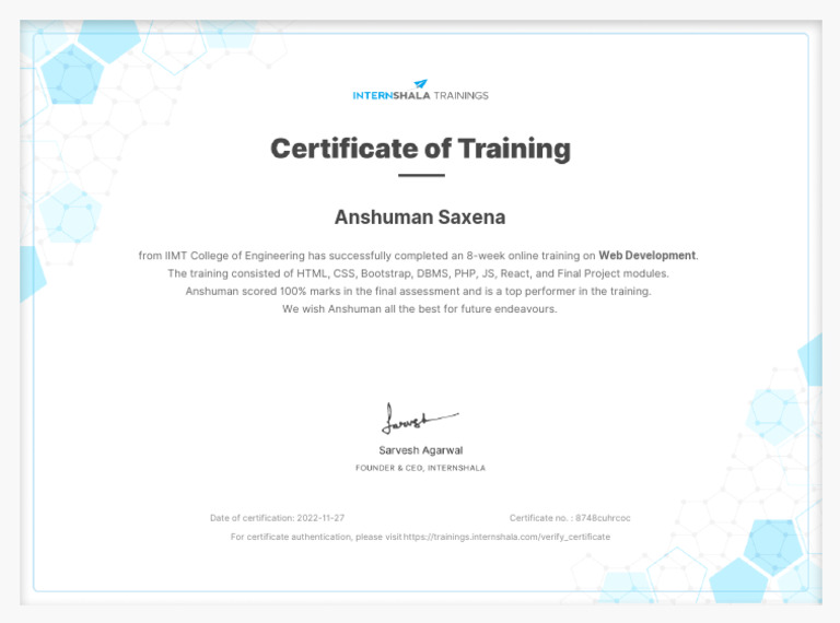 Web Development Training - Certificate of Completion | PDF