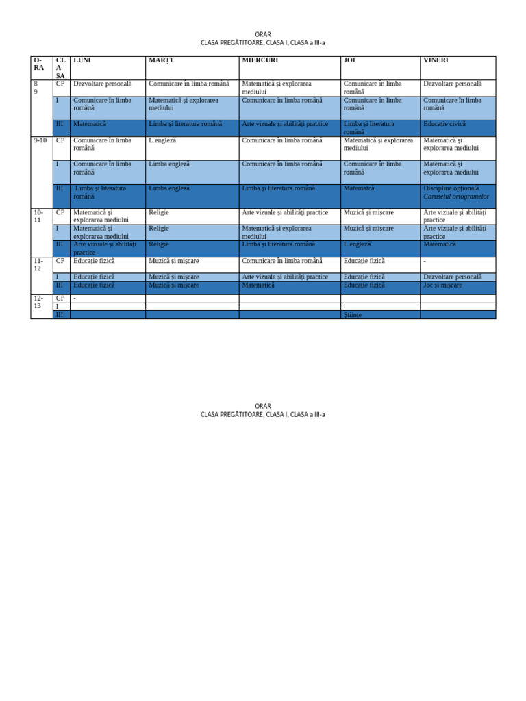Orar Clase Simultane CP I A Iiia | PDF
