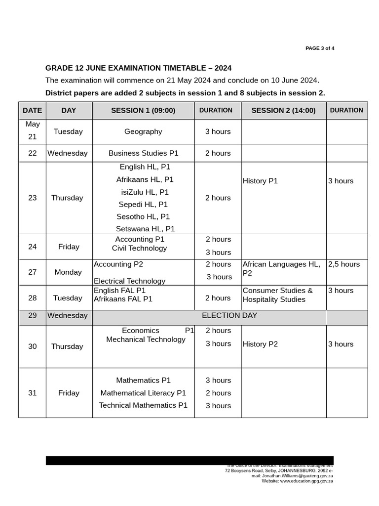 Memo To Schools - Amendment To GR 12 June Timetable - Fet Other Subjects Added 27 March 2024 ...