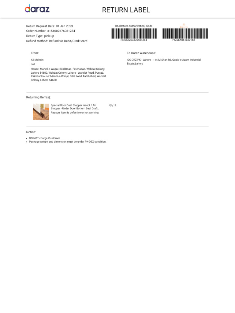 Daraz Draft Blocker Return Label | PDF