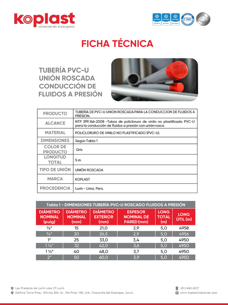 FICHA TÉCNICA TUBERIA PVC-U UNIÓN ROSCADA AGUA POTABLE - NTP 399.166 (1) | PDF