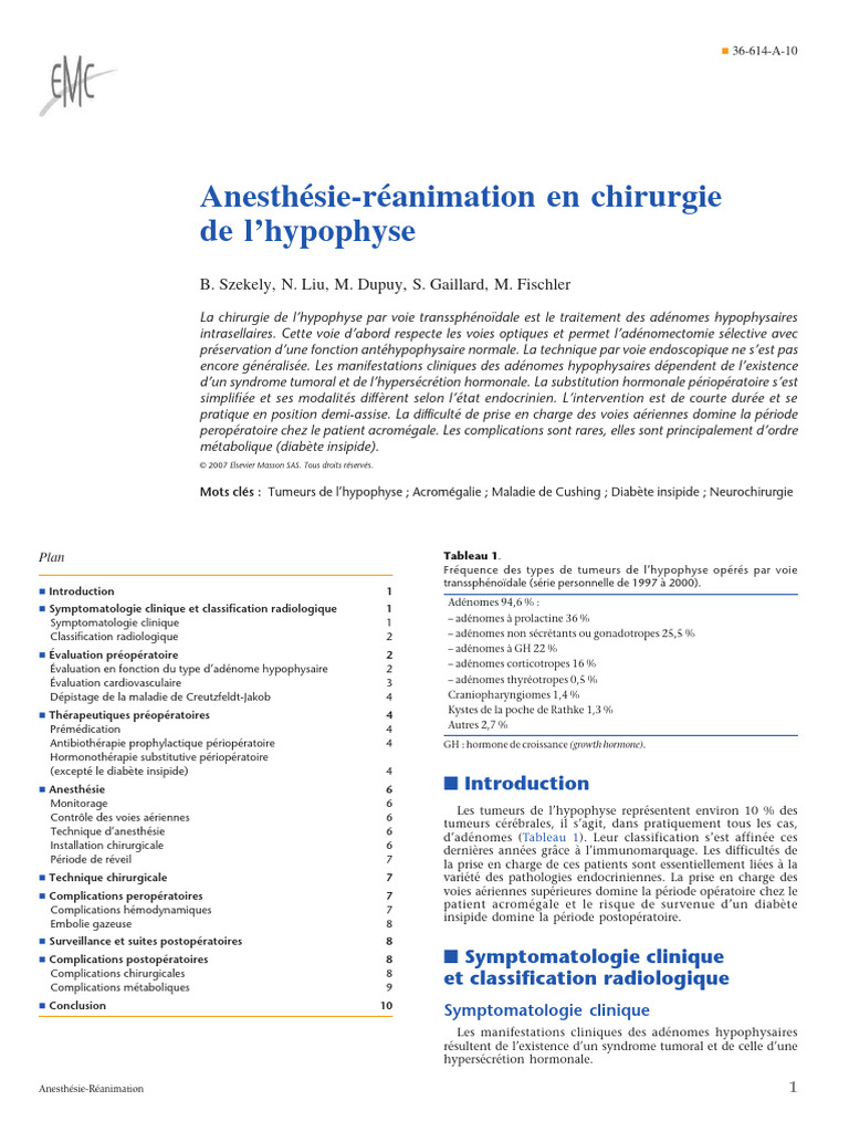Anesthésie-Réanimation en Chirurgie de L - Hypophyse - EMC Anesthésie 07 | PDF