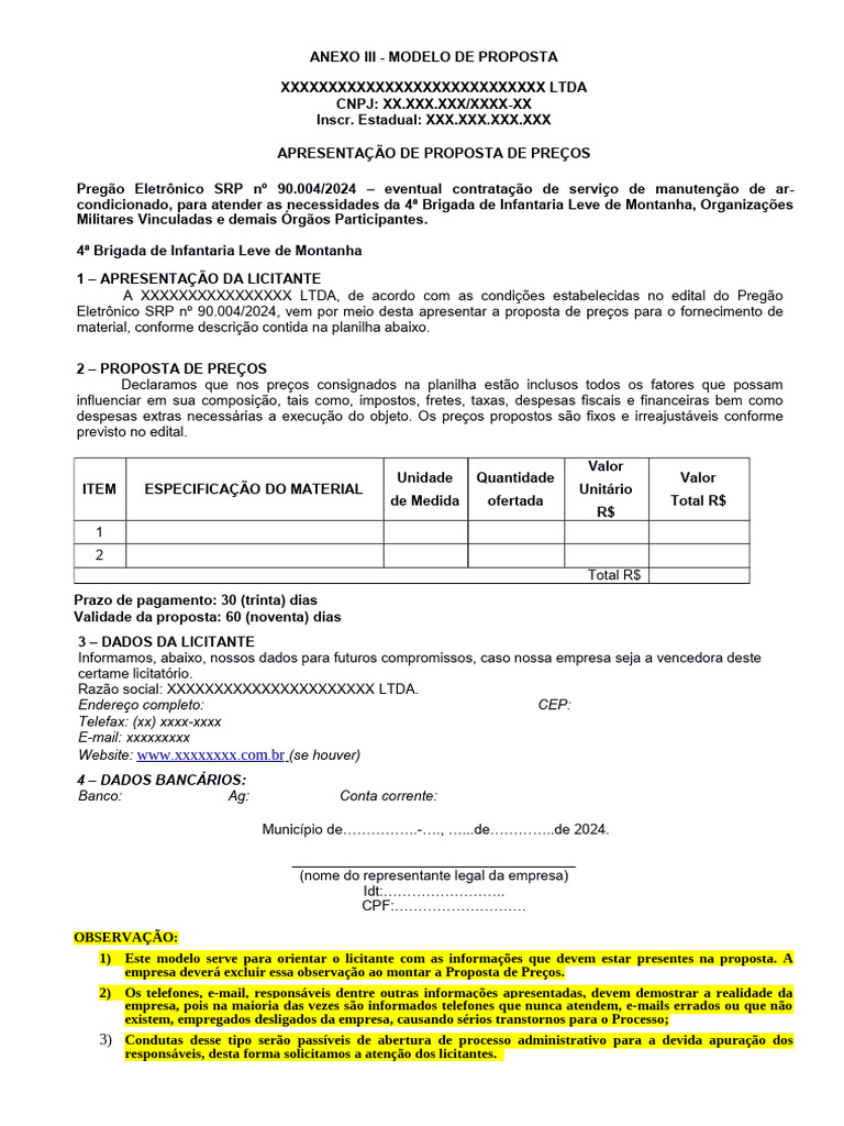 ANEXO III - Modelo de Proposta | PDF