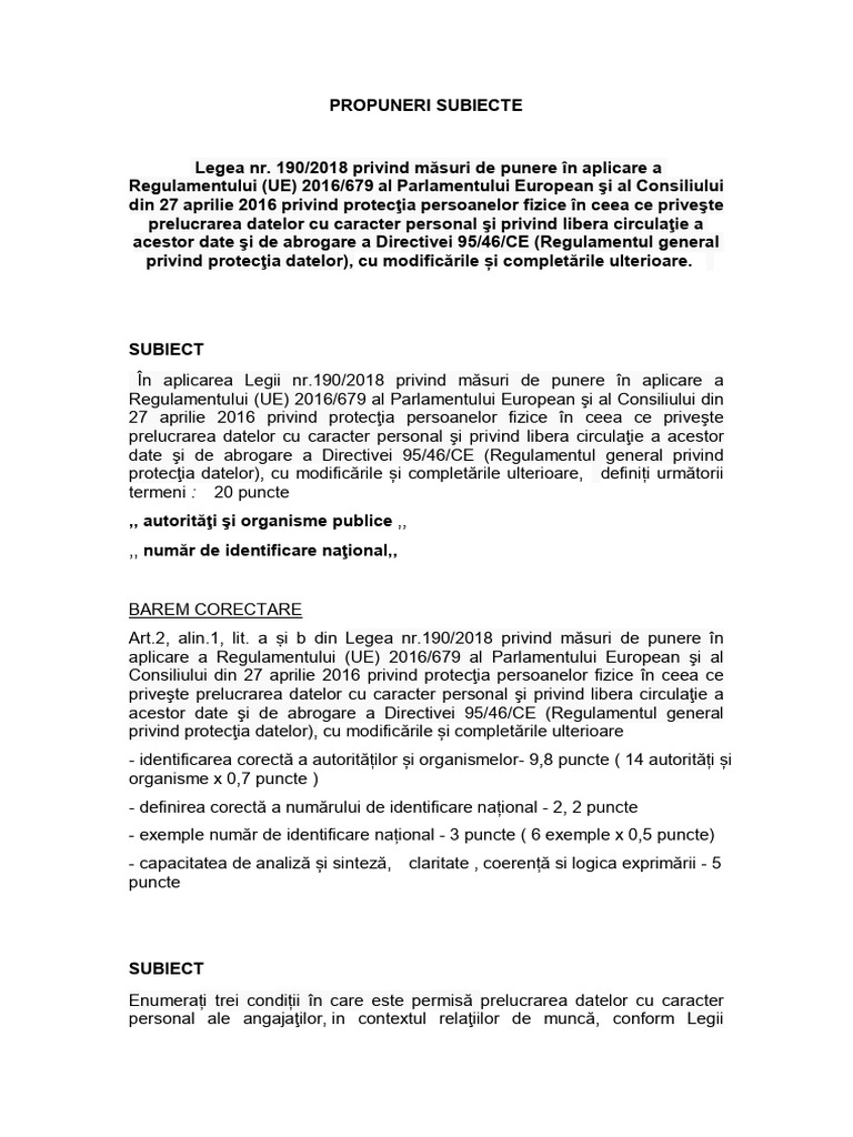 Legea - nr.190 - 2018 Subiecte | PDF