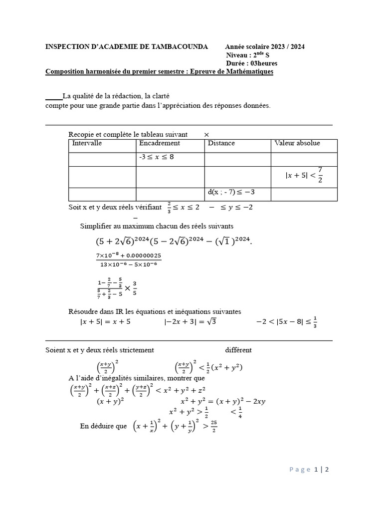 Compo 2nde S 2024du 1er Semestre | PDF