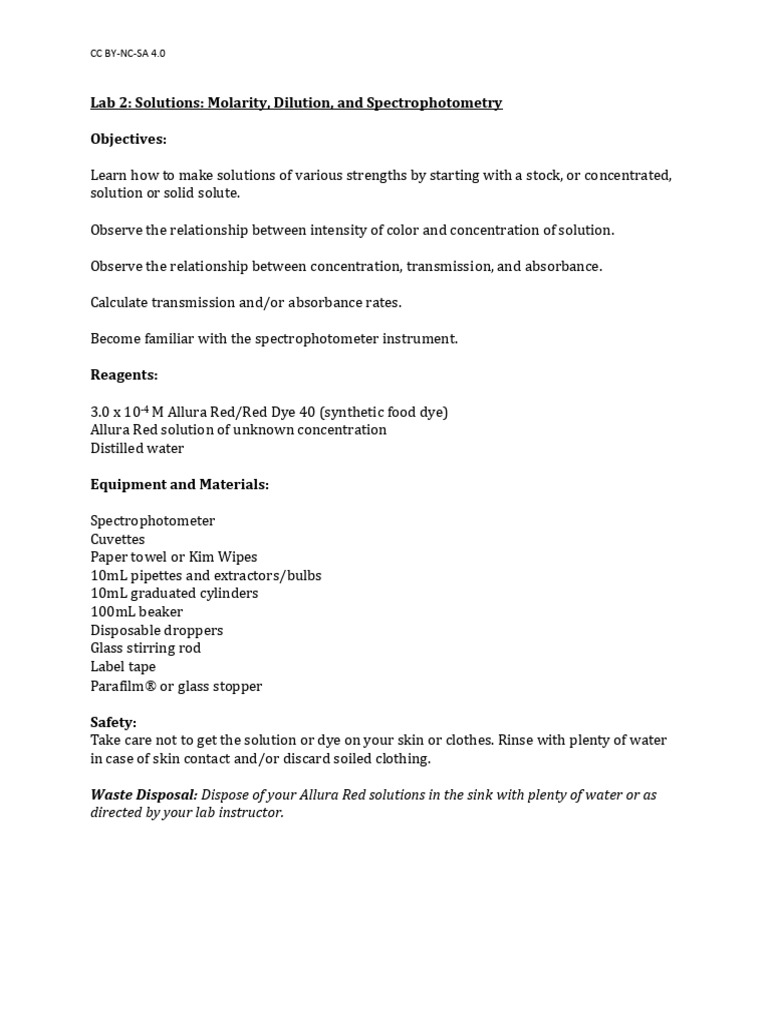 Lab 2 - Molarity, Dilution, and Spectrophotometry 2.0 | PDF