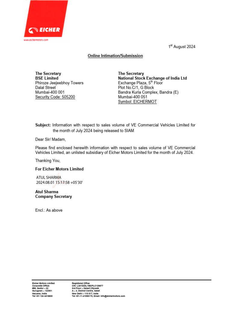 Monthly Sales Volume of VECV | PDF