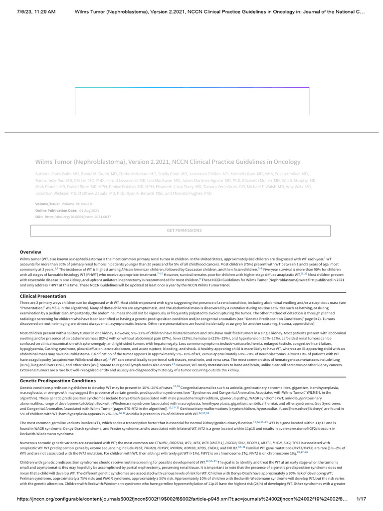 Wilms Tumor (Nephroblastoma), Version 2.2021, NCCN Clinical Practice Guidelines in Oncology | PDF