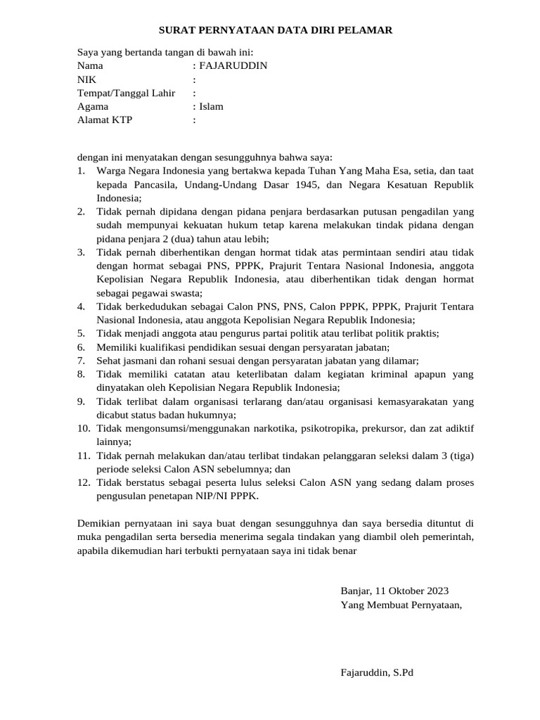 Surat Pernyataan Data Diri Pelamar PPPK 2023 | PDF