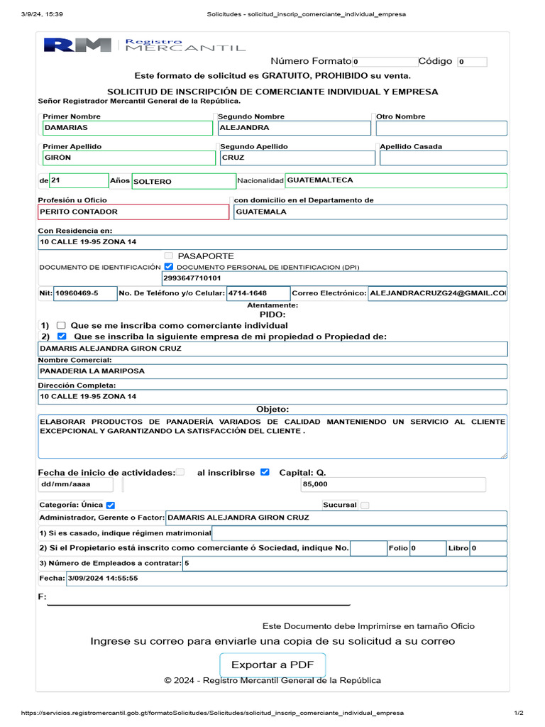 Solicitudes - Solicitud Inscrip Comerciante Individual Empresa | PDF