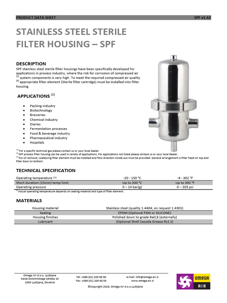 Omega Air Product Data Sheet Filter Housing SPF | PDF