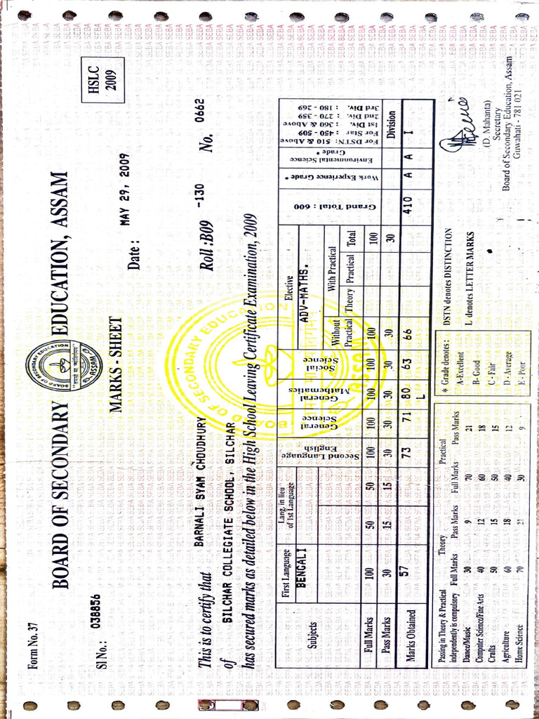 BARNALI HSLC MARKSHEET | PDF