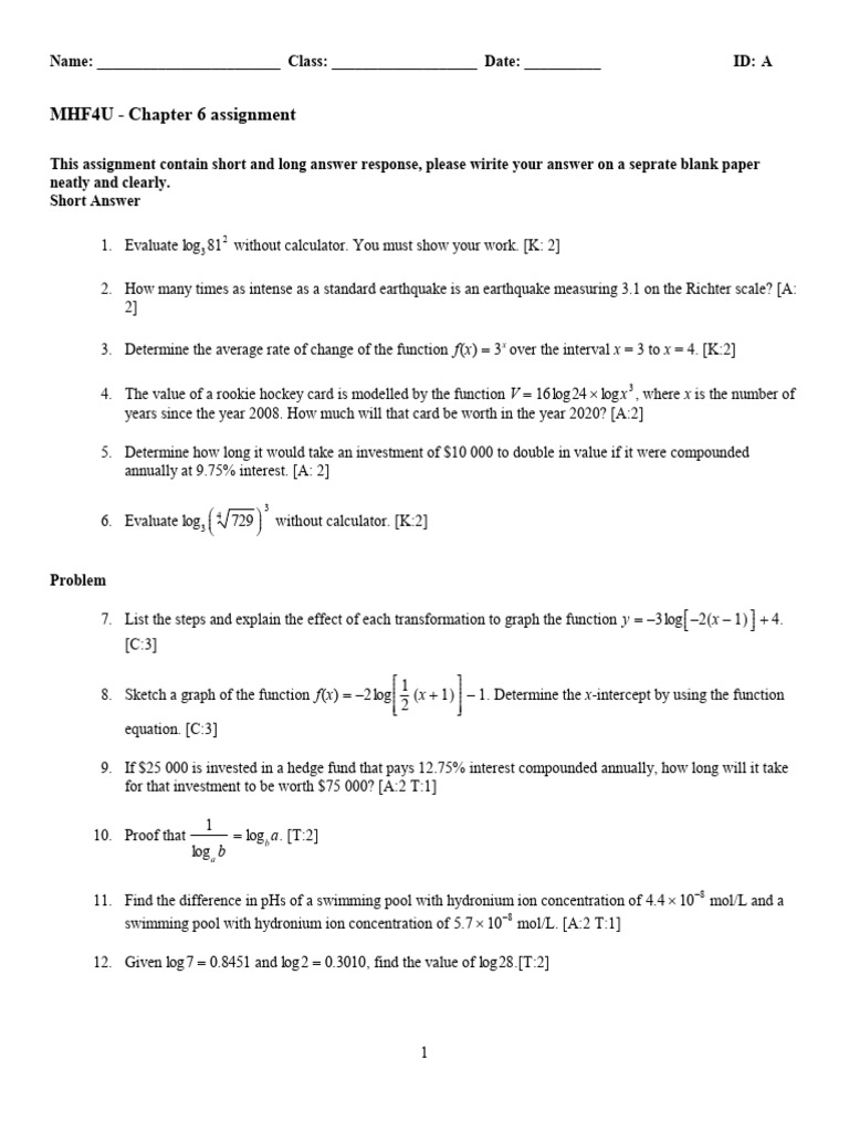 Grade 11 Math Assignment | PDF