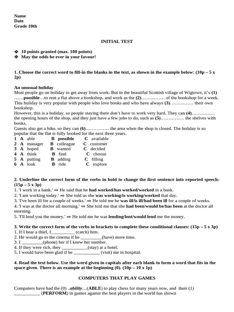 Initial Test - 10th Grade (Regular) | PDF