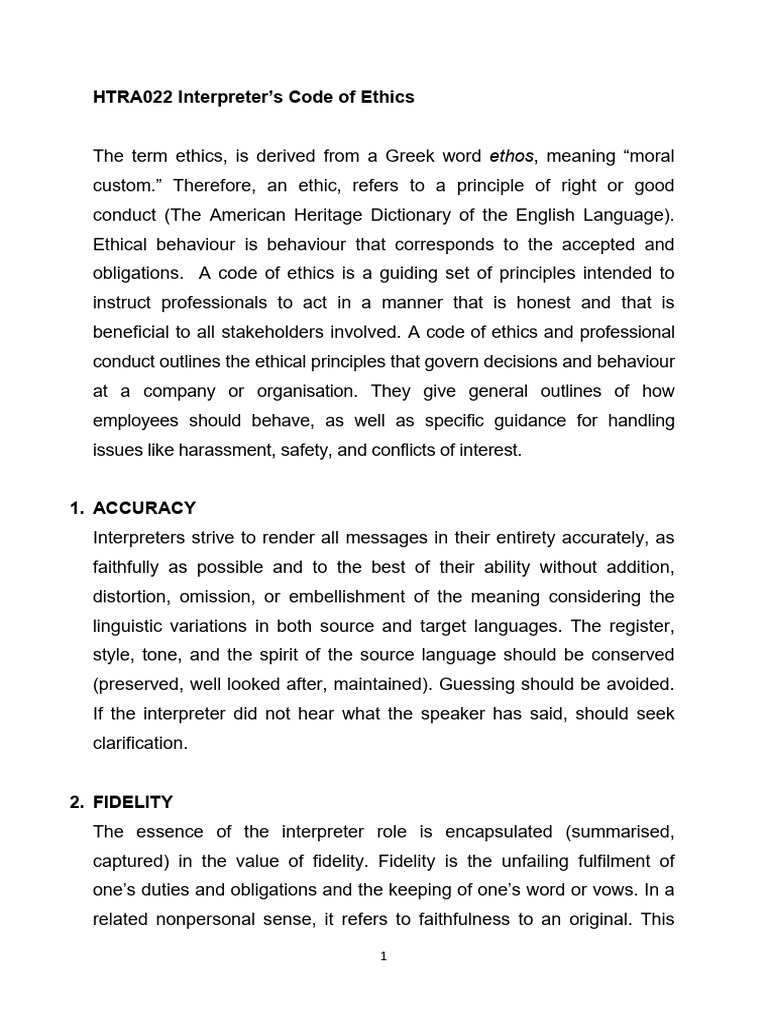 HTRA022 Code of Ethics For Interpreter 2024 PDF | PDF