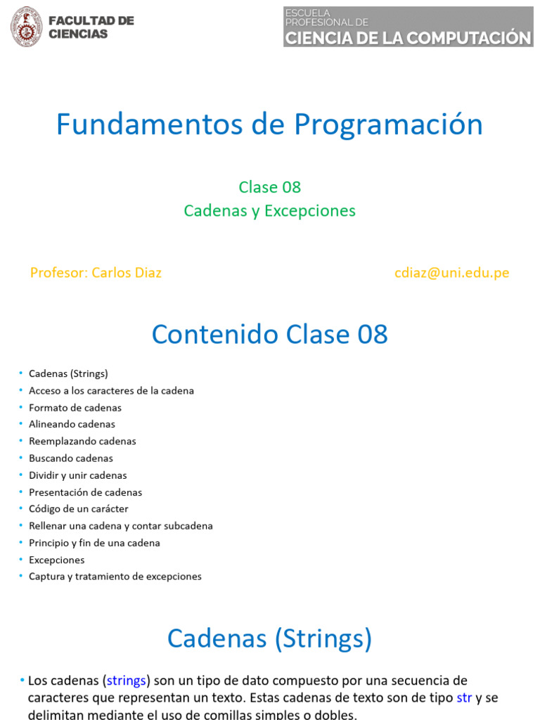 Clase 08 Python UNI 2022-1 - Cadenas y Excepciones | PDF Clase 08 Python UNI 2022-1 - Cadenas y Excepciones | PDF