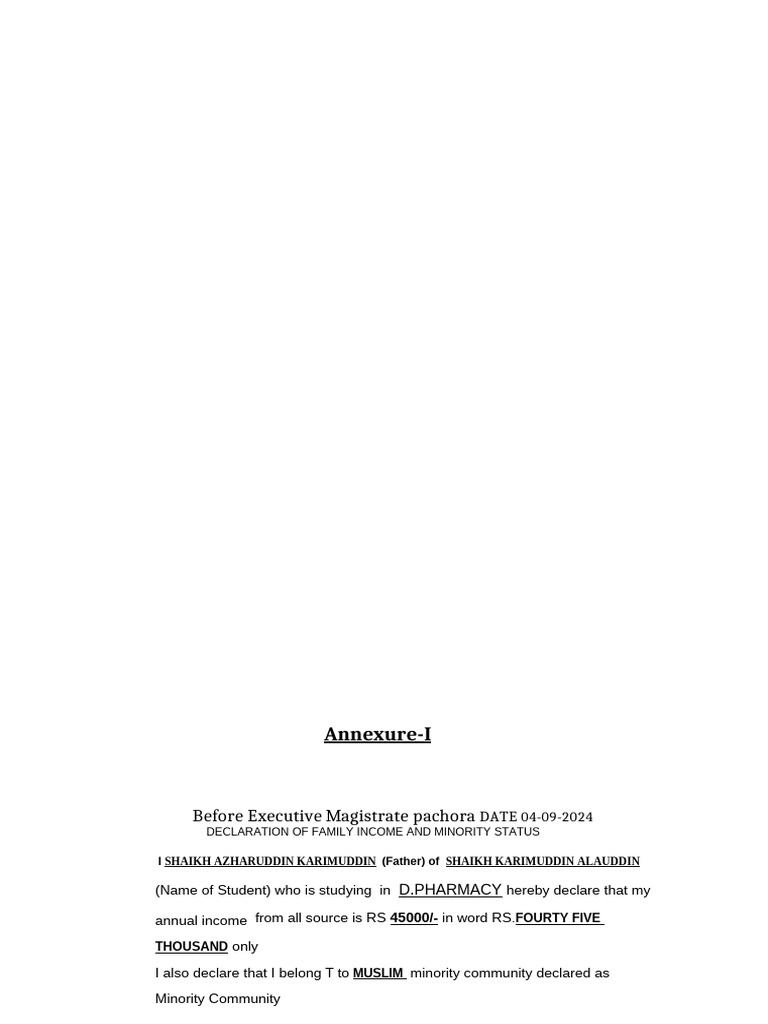 Declaration Form For Minority Income Certificate Minority 1 | PDF