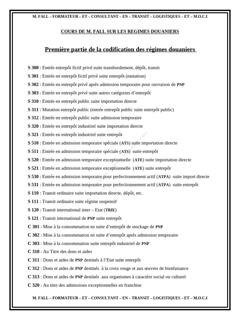 Cours de M - Fall Sur La Codification Des Regimes Douaniers-1 | PDF